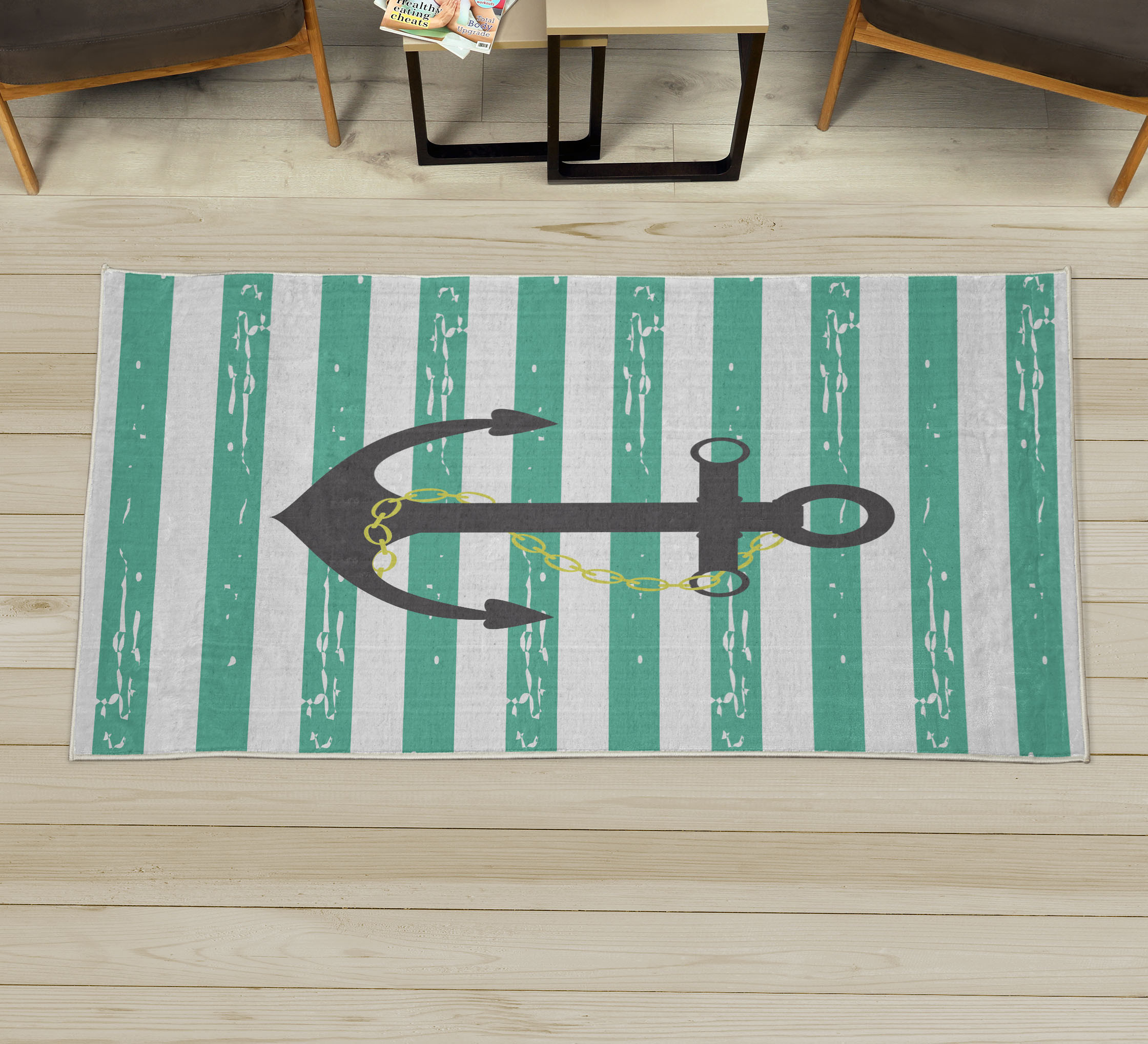 Striped Decorative Rug, Ship Anchor Chain Marine Life Inspired Lines ...