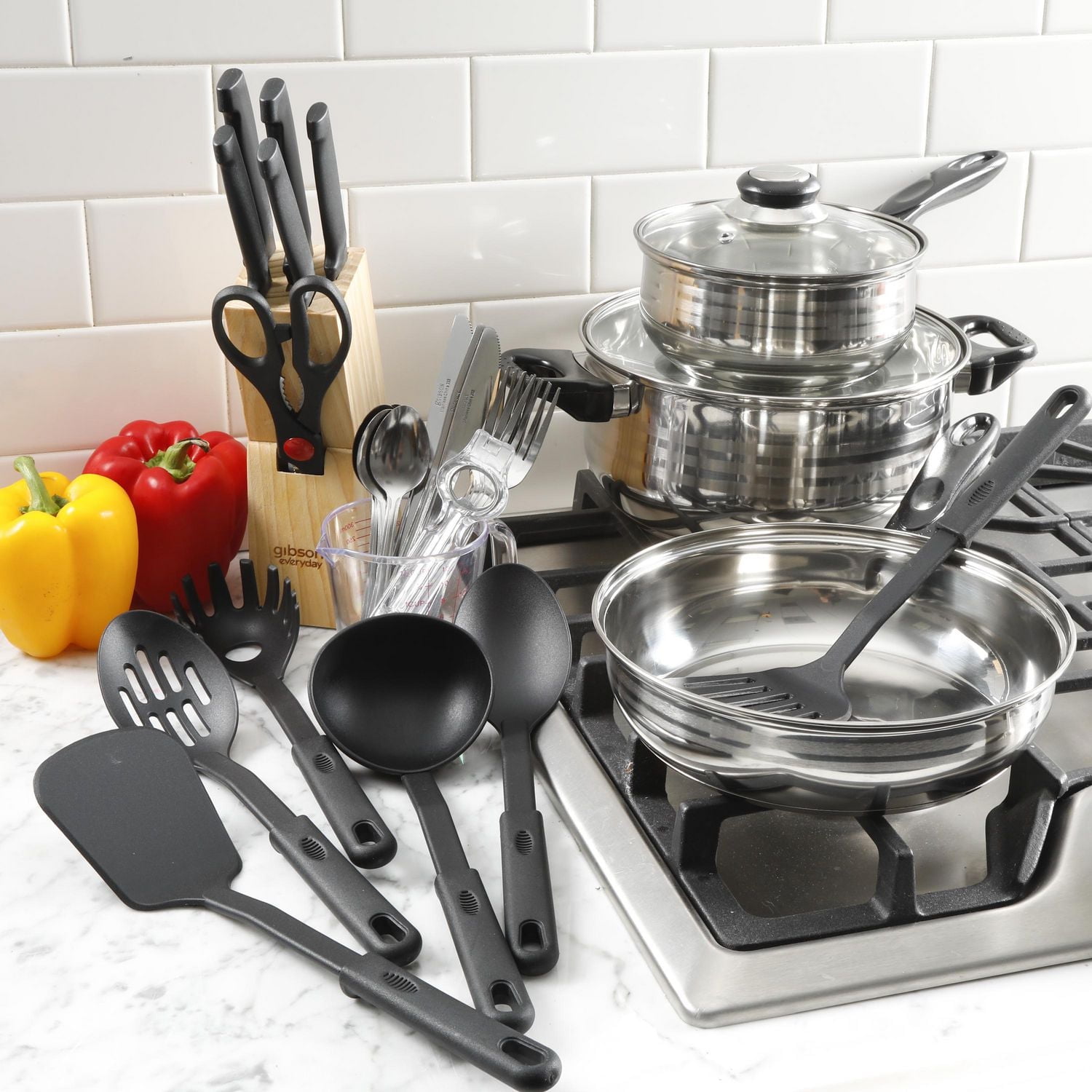 Gibson Total Kitchen 32-Piece Stainless Steel Cookware Combo Set ...