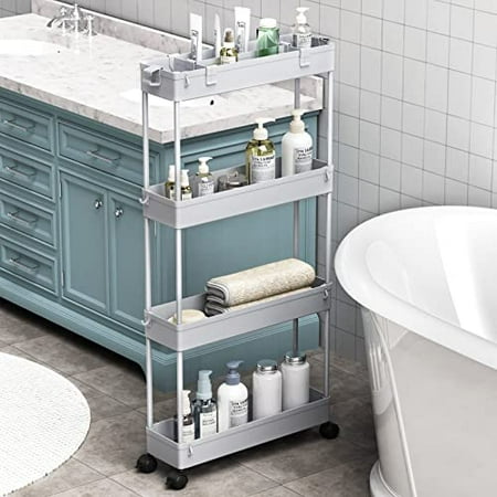 Slim Storage Cart,4 Tier Bathroom Rolling Utility Cart Storage ...
