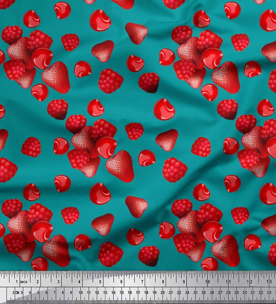 Soimoi Satin Silk Fabric Raspberry,Strawberry & Cherry Fruits Print ...