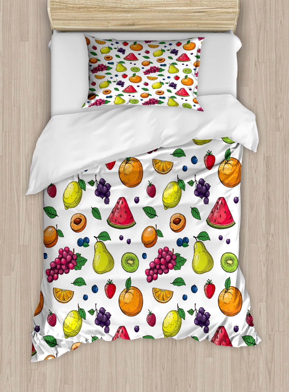 Fruits Duvet Cover Set Twin Size, Grapes Kiwi Orange Lemon Pear ...