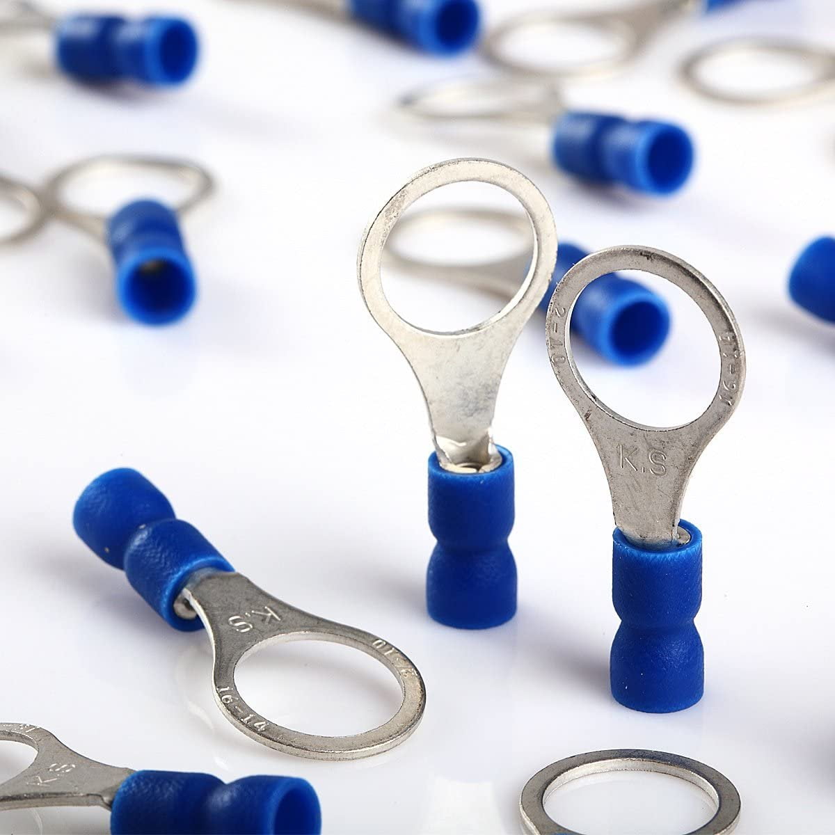 100 Pcs Blue 16-14 Gauge Vinyl Wire Ring Terminals Connectors (# 3/8 ...