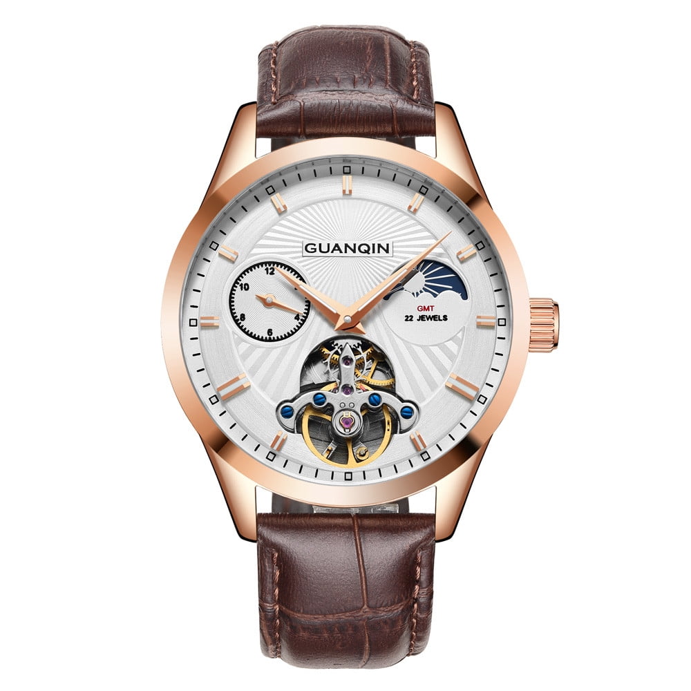 GUANQIN Men Moon Phase Skeleton GMT Luminous Analog Automatic Self ...