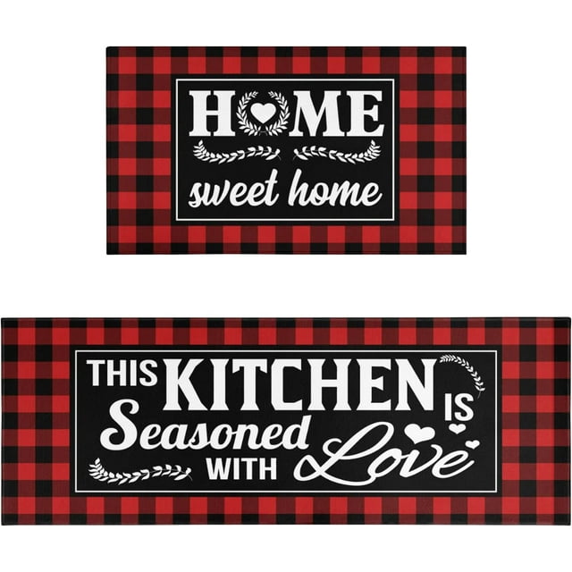 Red Kitchen Mat Rugs Sets of 2 Buffalo Plaid Kitchen Rug Washable Non ...