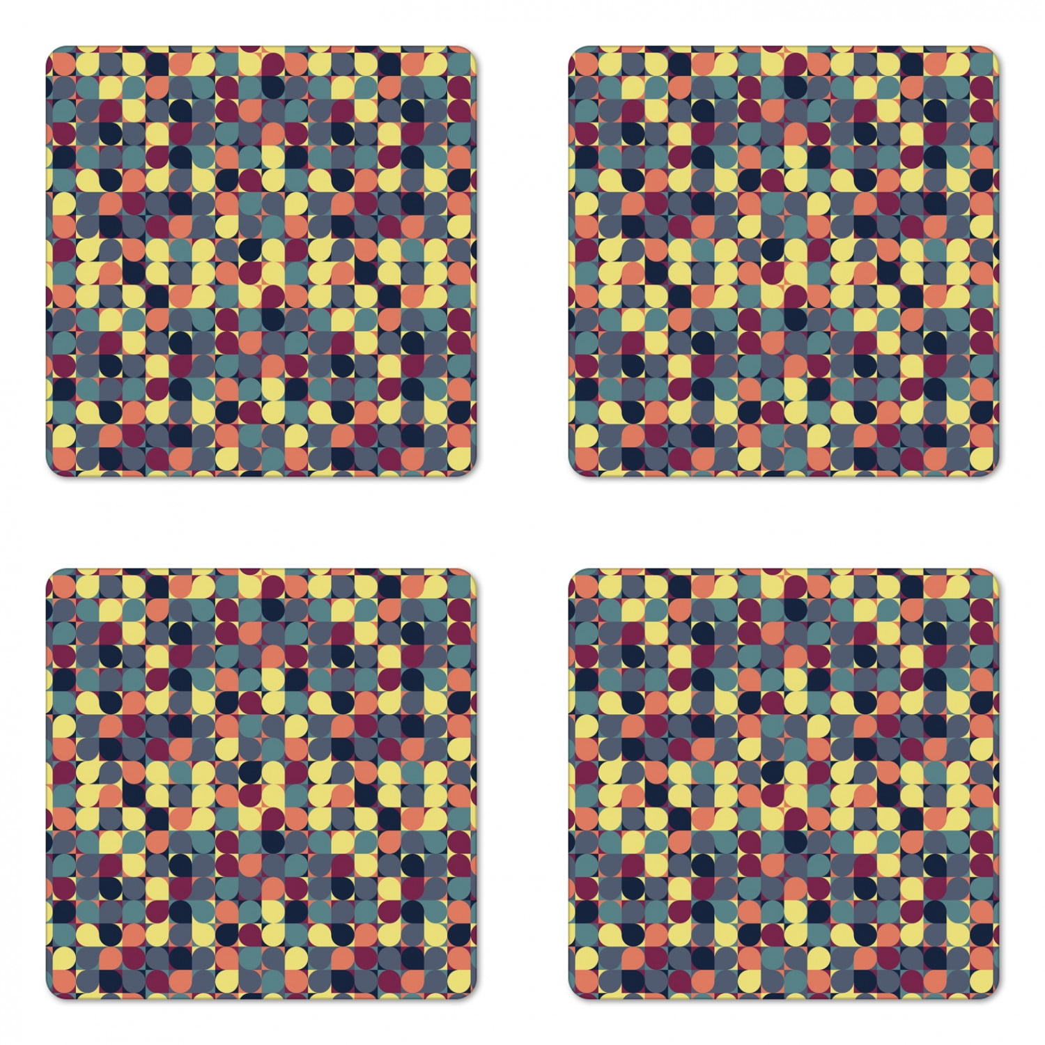 Retro Coaster Set of 4, Pastel Color Circular Shapes in Squares Mosaic ...