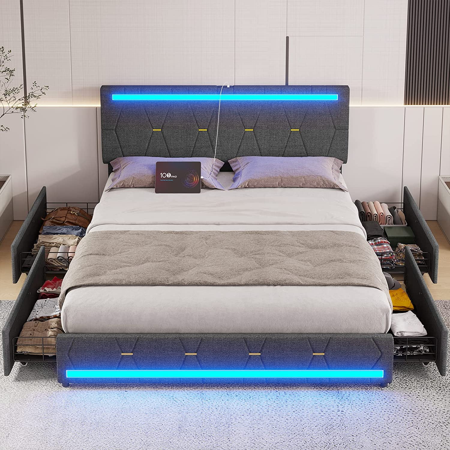 Full Size Bed Frame LED Upholstered Platform Bed Frame with 4 Drawers ...