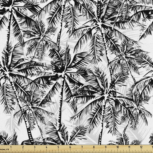 Palm Tree Fabric by the Yard, Monochrome Woodland Pattern Depicting ...