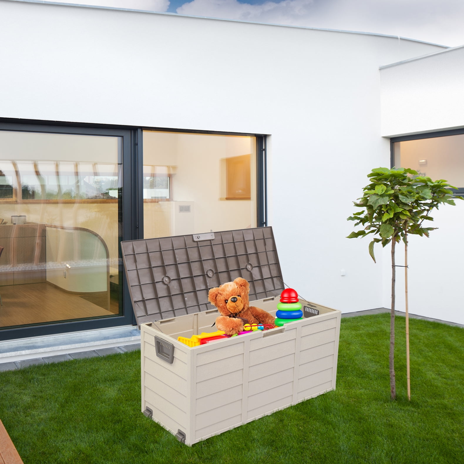 75 Gallon Outdoor Storage Box, Patio Deck Box Furniture with Lockable ...