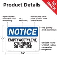 Empty Acetylene Cylinders Do Not Use OSHA Notice Aluminum Sign 14 Inch ...