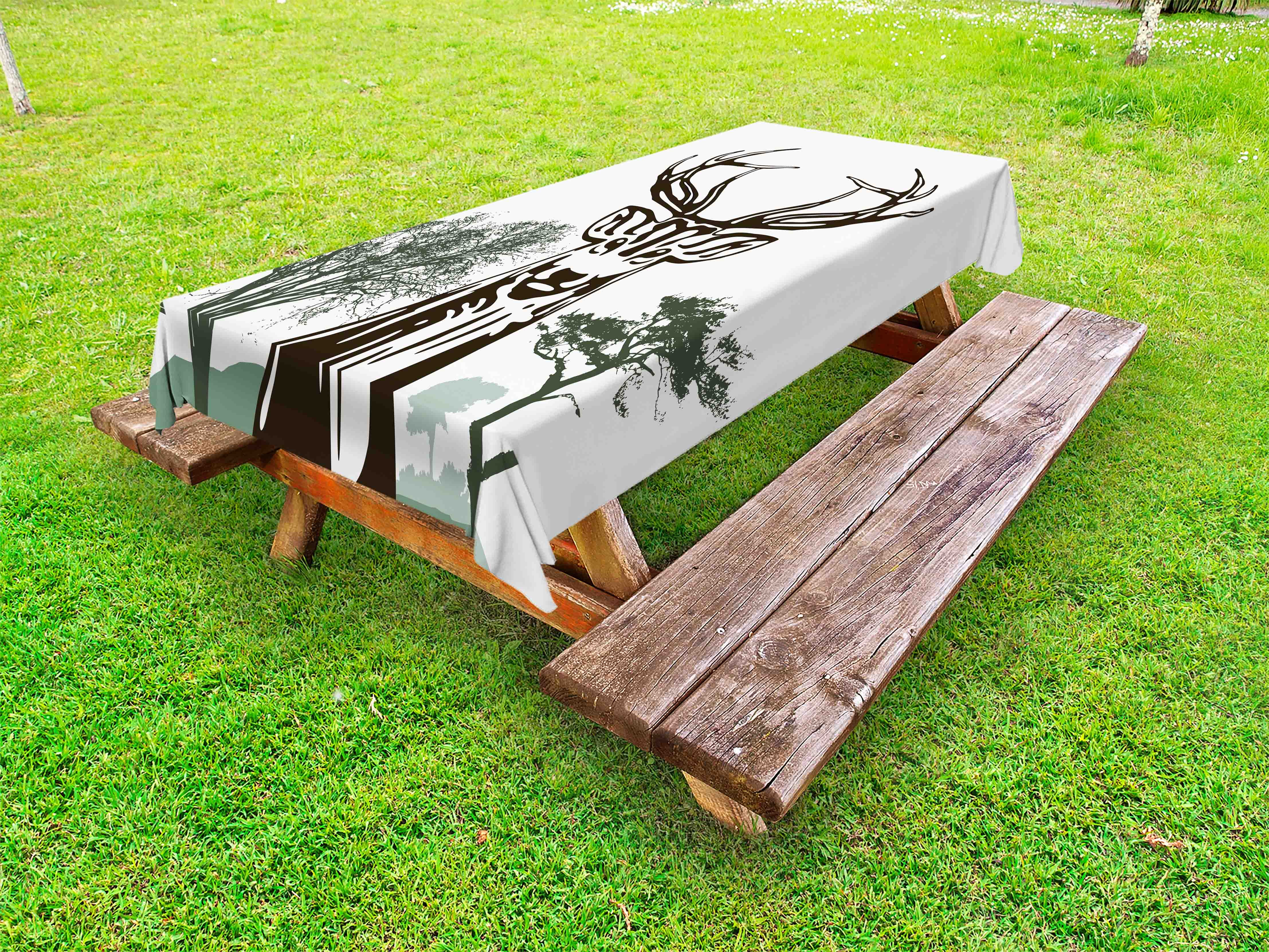 Antlers Outdoor Tablecloth, Deer Moose Trees Silhouettes Outline of ...