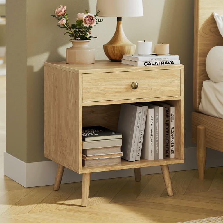 VASAGLE Nightstand Small Bedside Table With Drawer Open Compartment And Pine Wood Legs For Living Room Bedroom 15.7 X 19.7 X 22.8 Inches