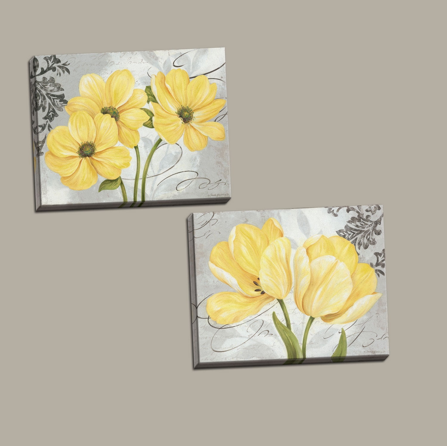 Colori- Two brilliant yellow floral reproductions, Two 20x16 Stretched ...