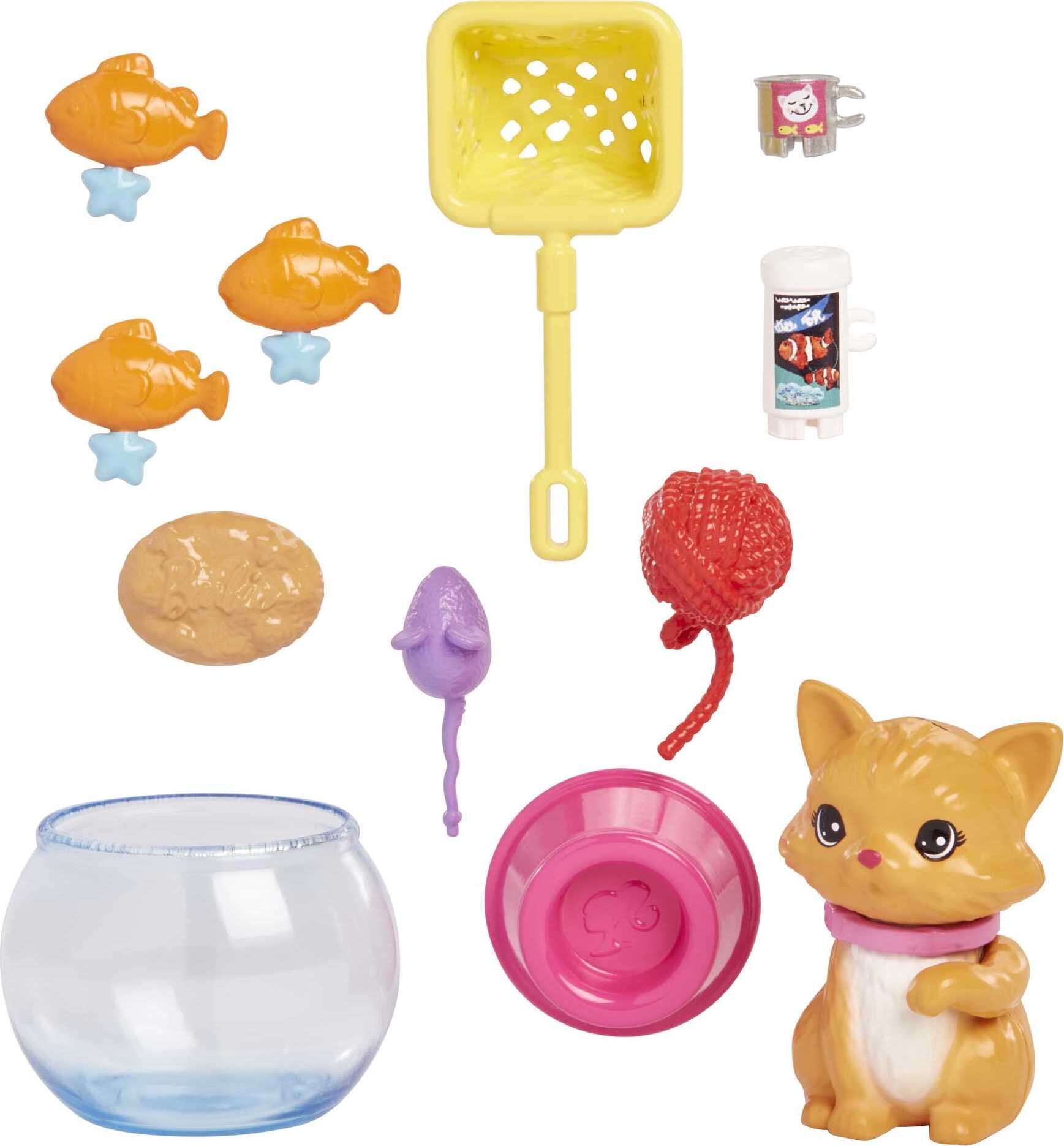 Barbie Pet Kitty & Accessories Set, 11 Pieces Include Fish Bowl & Fish ...