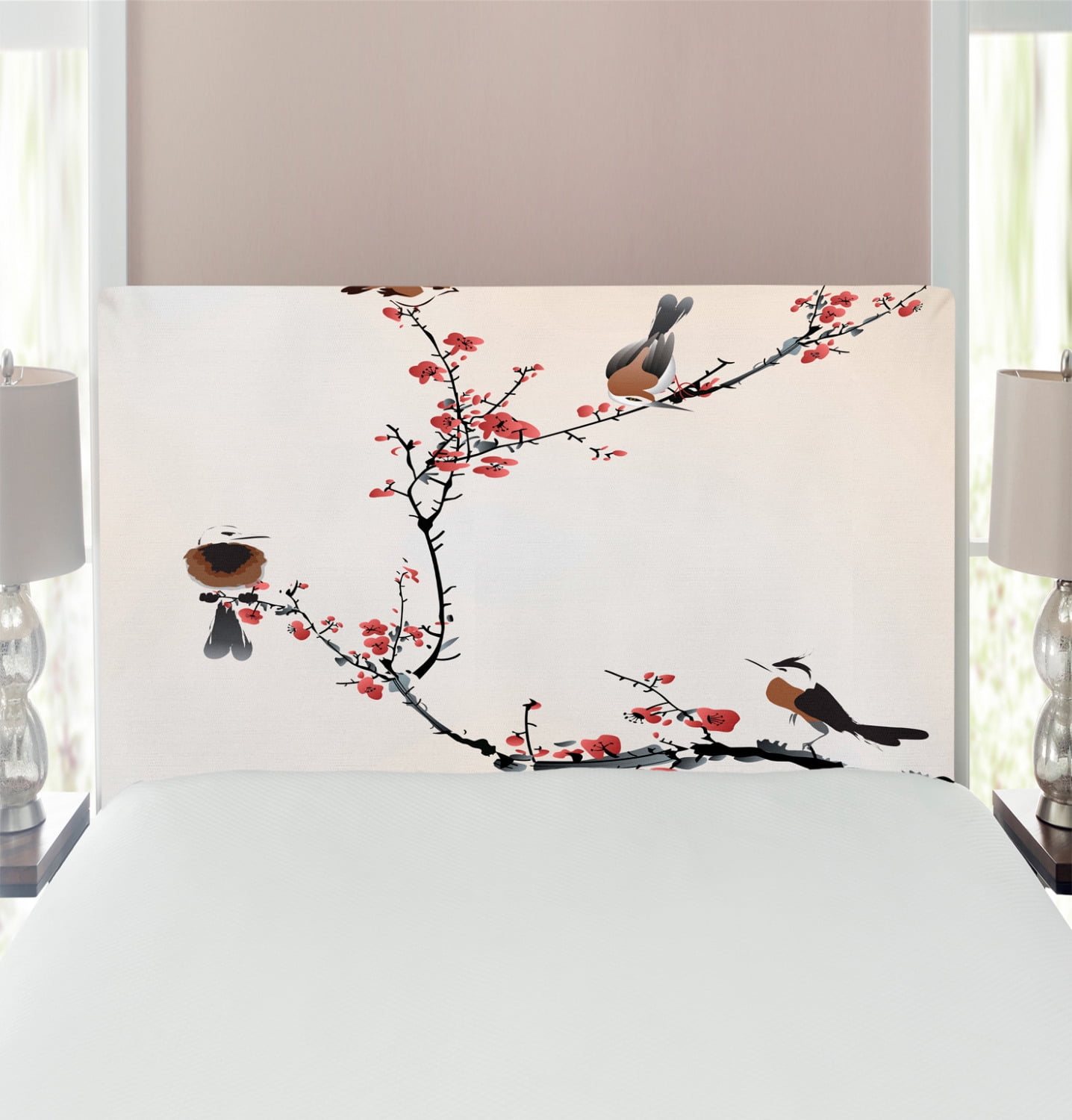 Nature Headboard, Birds on Cherry Tree Branches Summer Classic Oriental ...