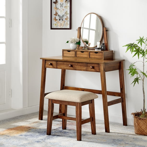 Linon Gwen 2-Piece Vanity Set, Includes Vanity and Bench, Walnut Finish ...