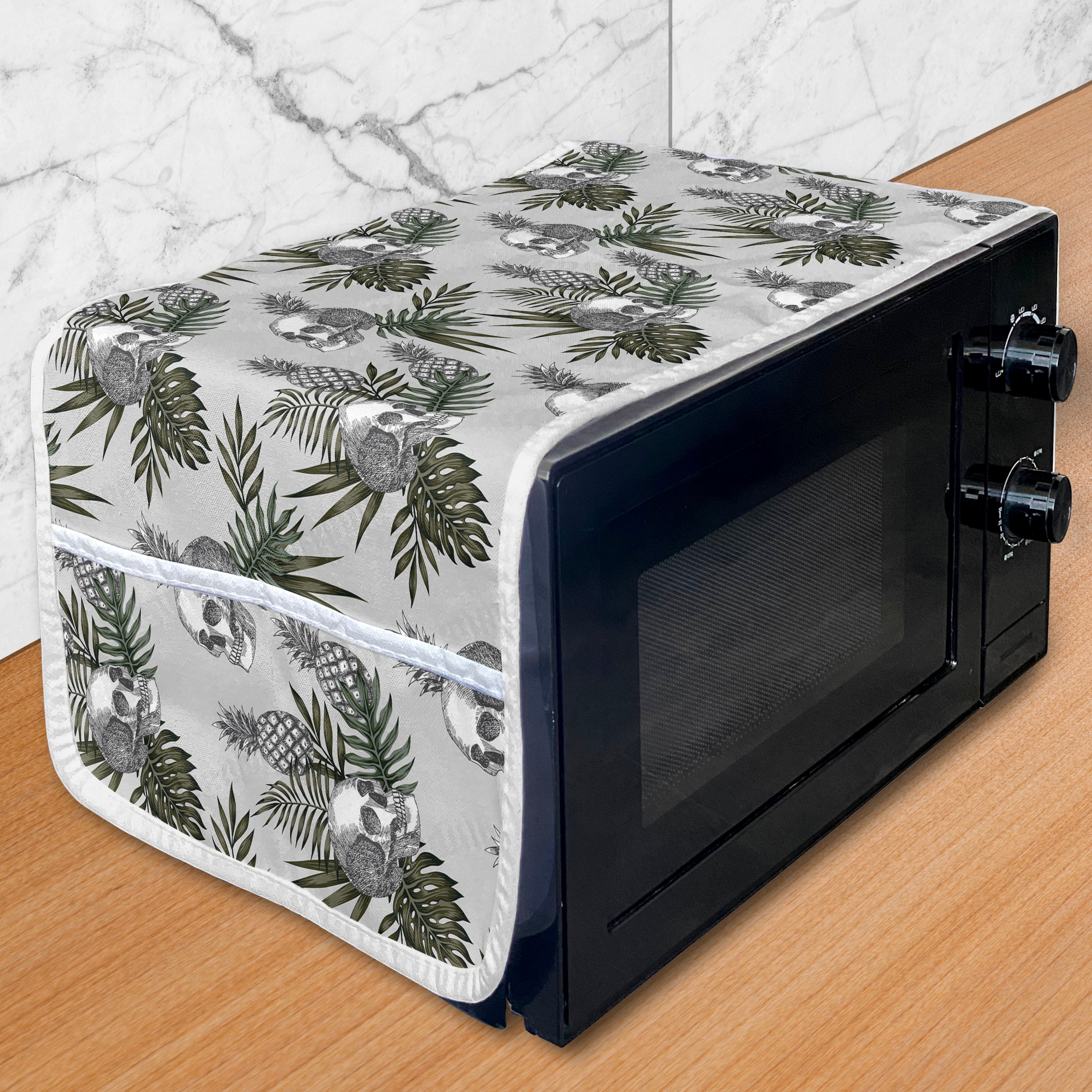 Skull Microwave Oven Cover, Goth in Tropical Pineapples Leaves Modern ...