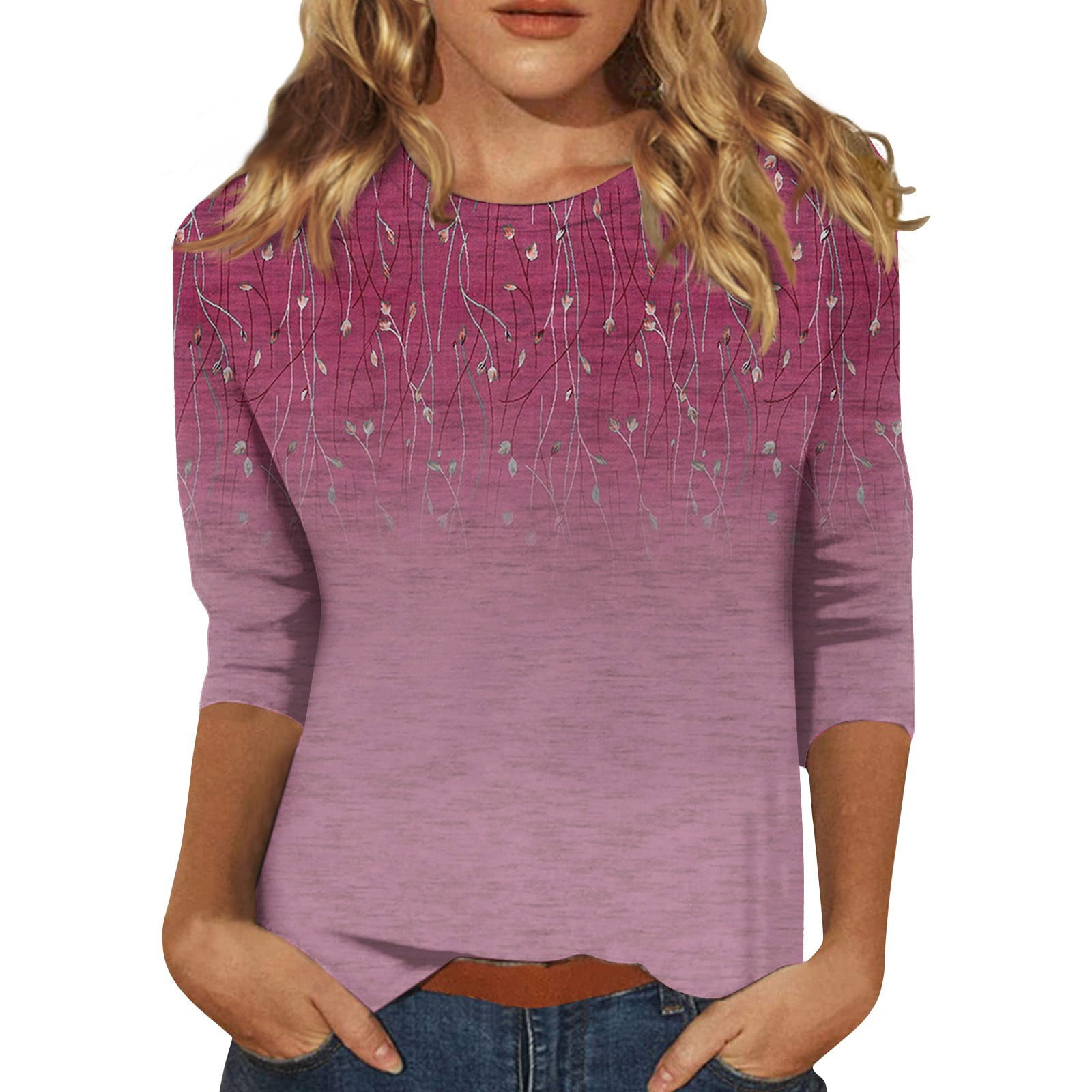 Moda mujer casual manga 3/4 estampado floral cuello alto jersey top ... Moda mujer casual manga 3/4 estampado floral cuello alto jersey top ...