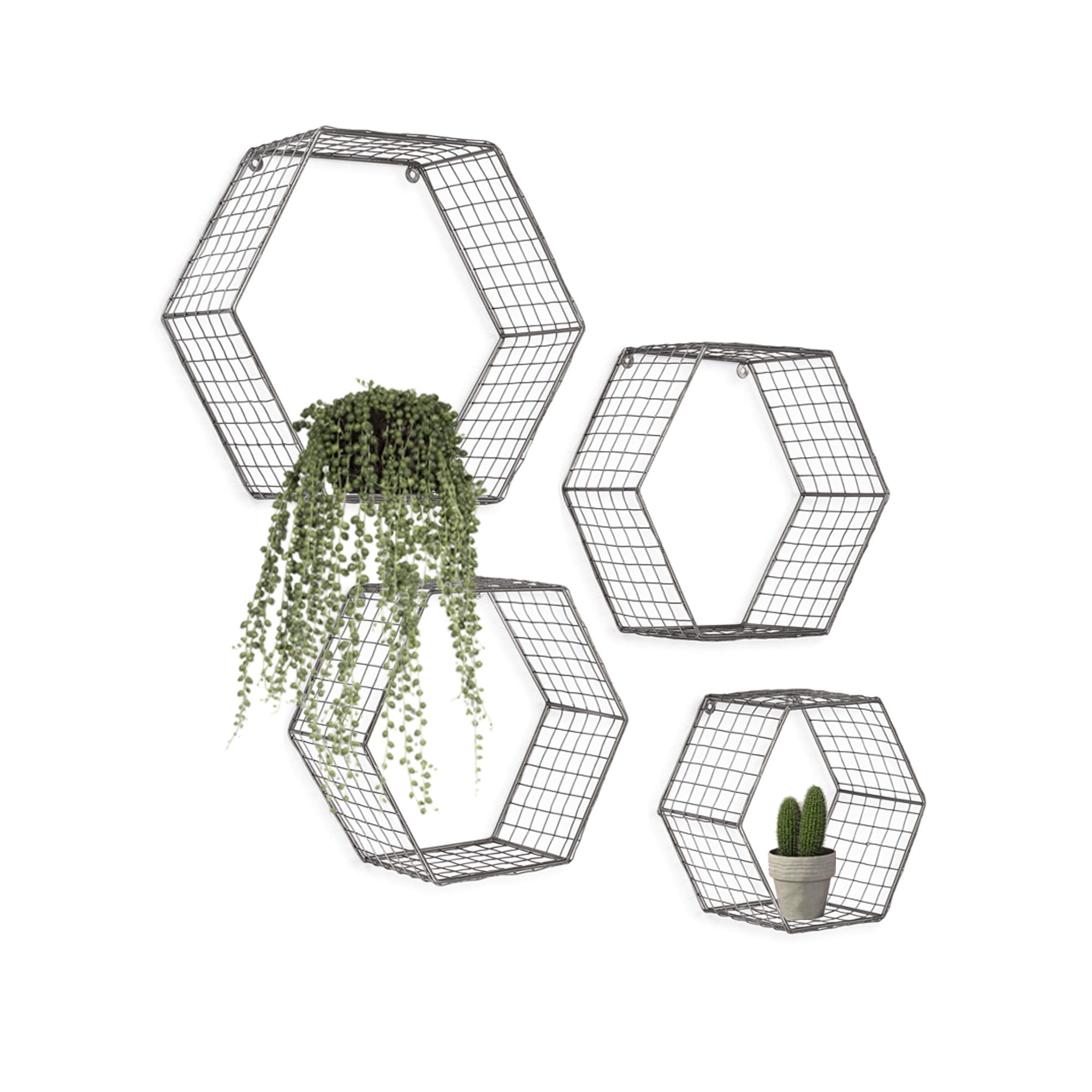 Set 4 Grey Hexagon Wall Shelves, Floating Decorative Wire Wall Mounted ...