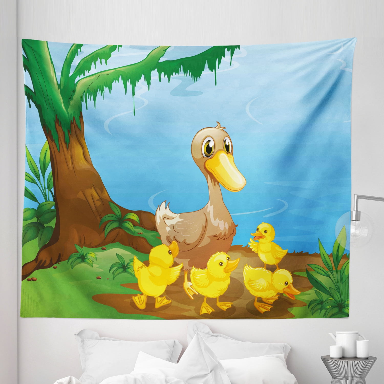 Duck Tapestry, Illustration of Duck and Her Ducklings at Riverbank Tree ...