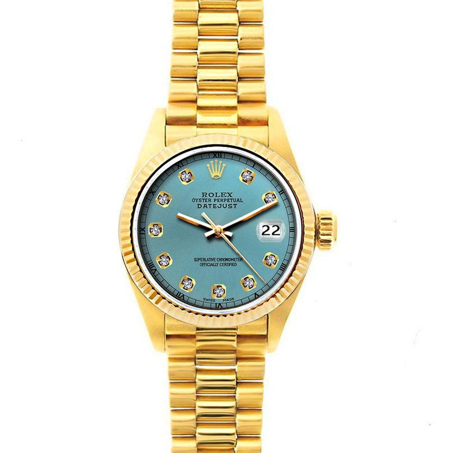 Pre-Owned Rolex Datejust 26MM 69178 Turquoise Diamond Dial Fluted Bezel ...