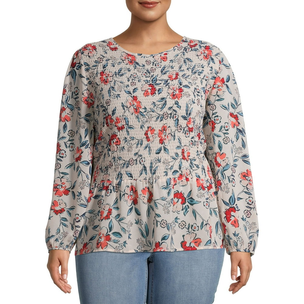 Terra And Sky Terra And Sky Plus Size Long Sleeve Smocked Bodice Floral