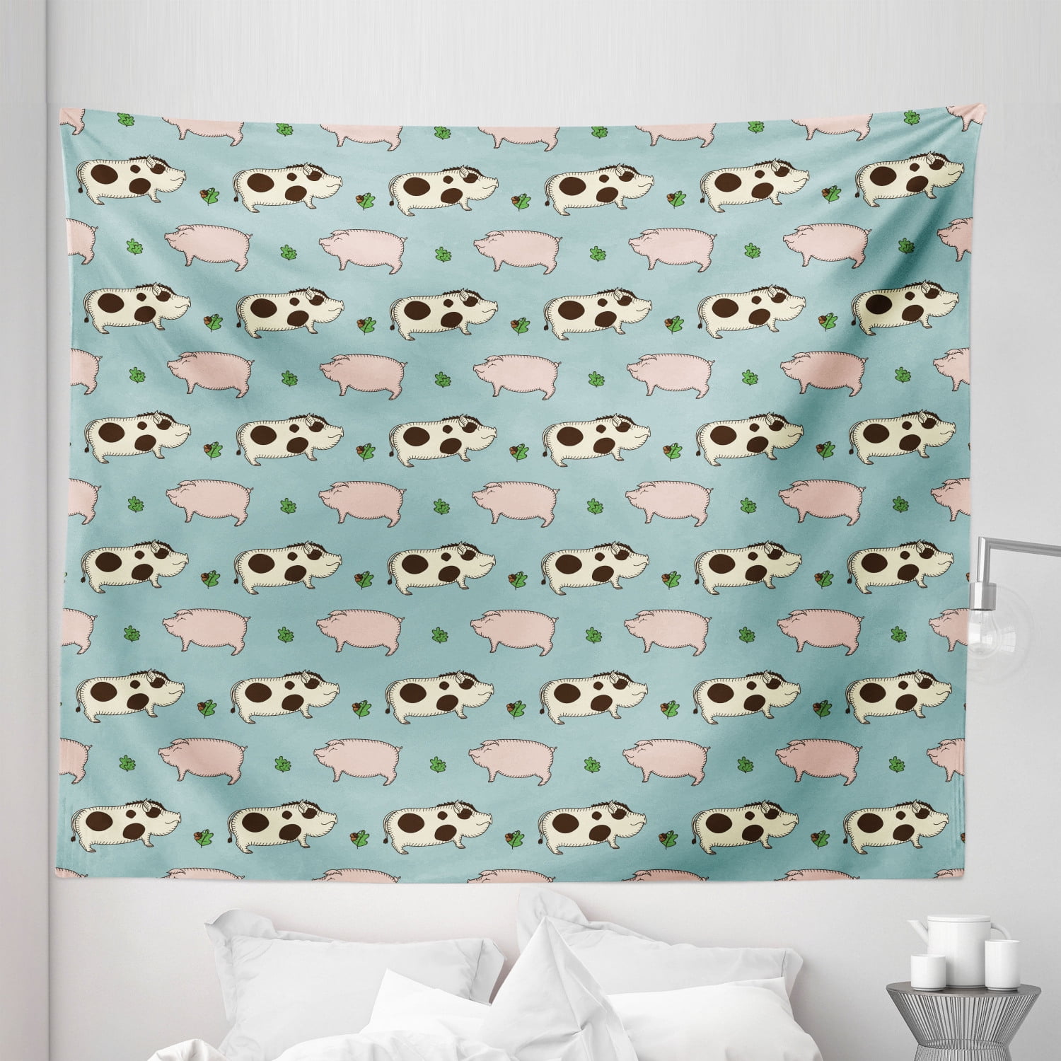 Pig Tapestry, Doodle Pattern with Pig Boar and Oak Twig on Blue ...