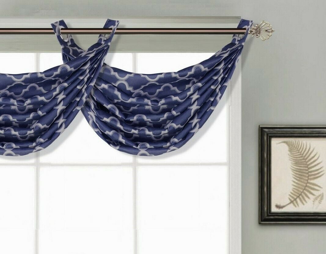 Diamond Trellis Design V23 1 Pc Valance Navy White Semi Sheer Window