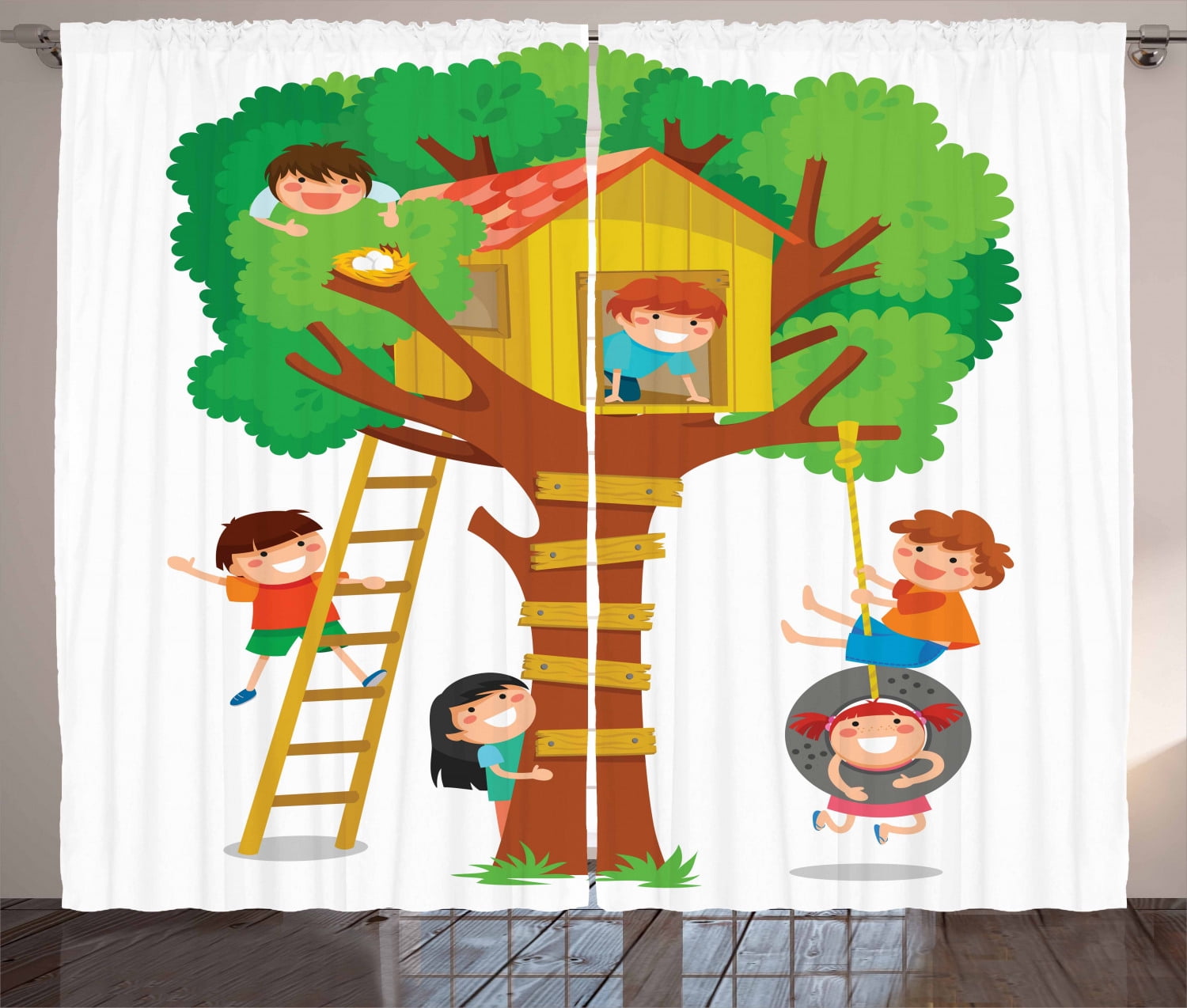 Kids Curtains 2 Panels Set, Cheerful Little Boys and Girl Playing in a ...