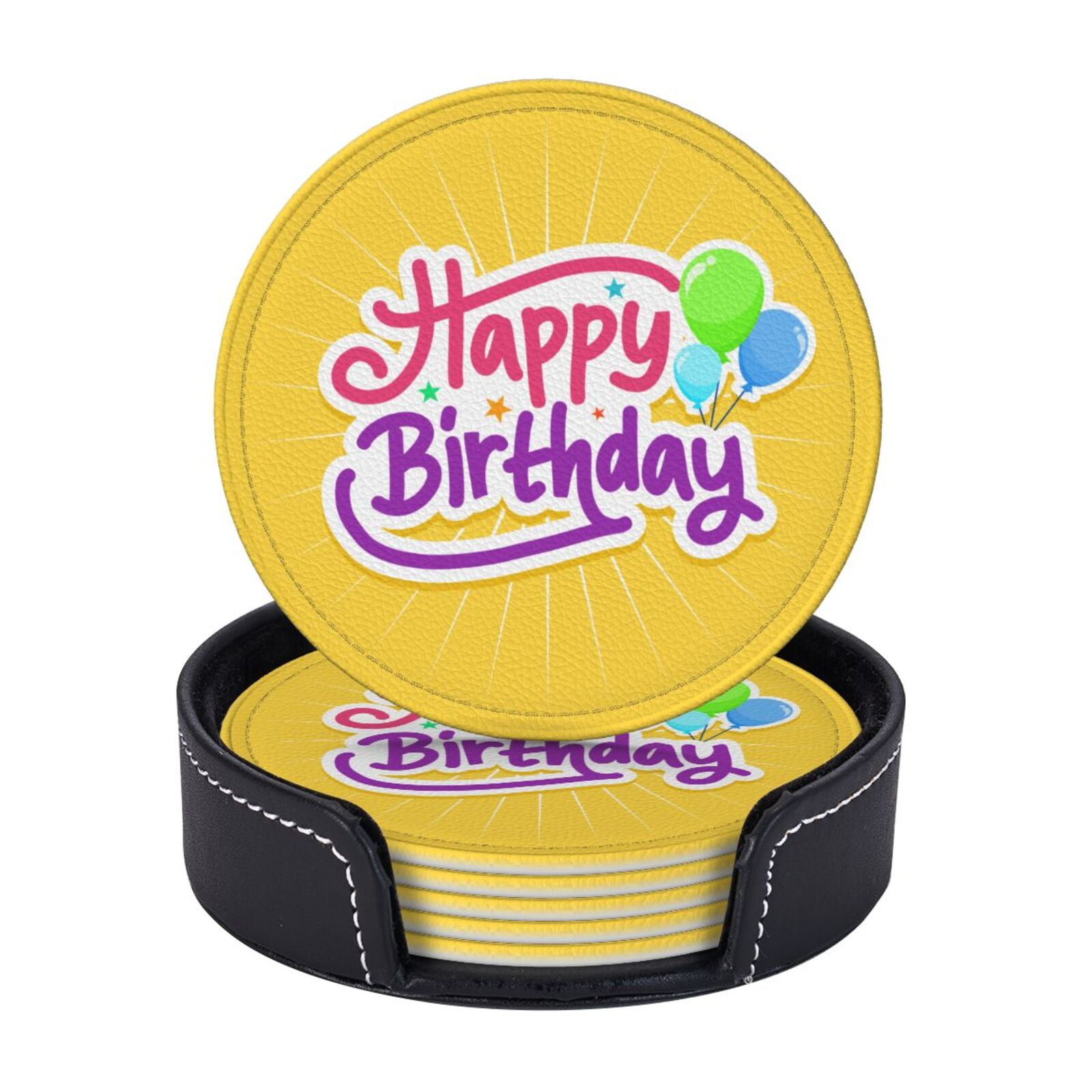 LNWH Coasters, Happy Birthday Party Celebration Leather Round Coasters ...