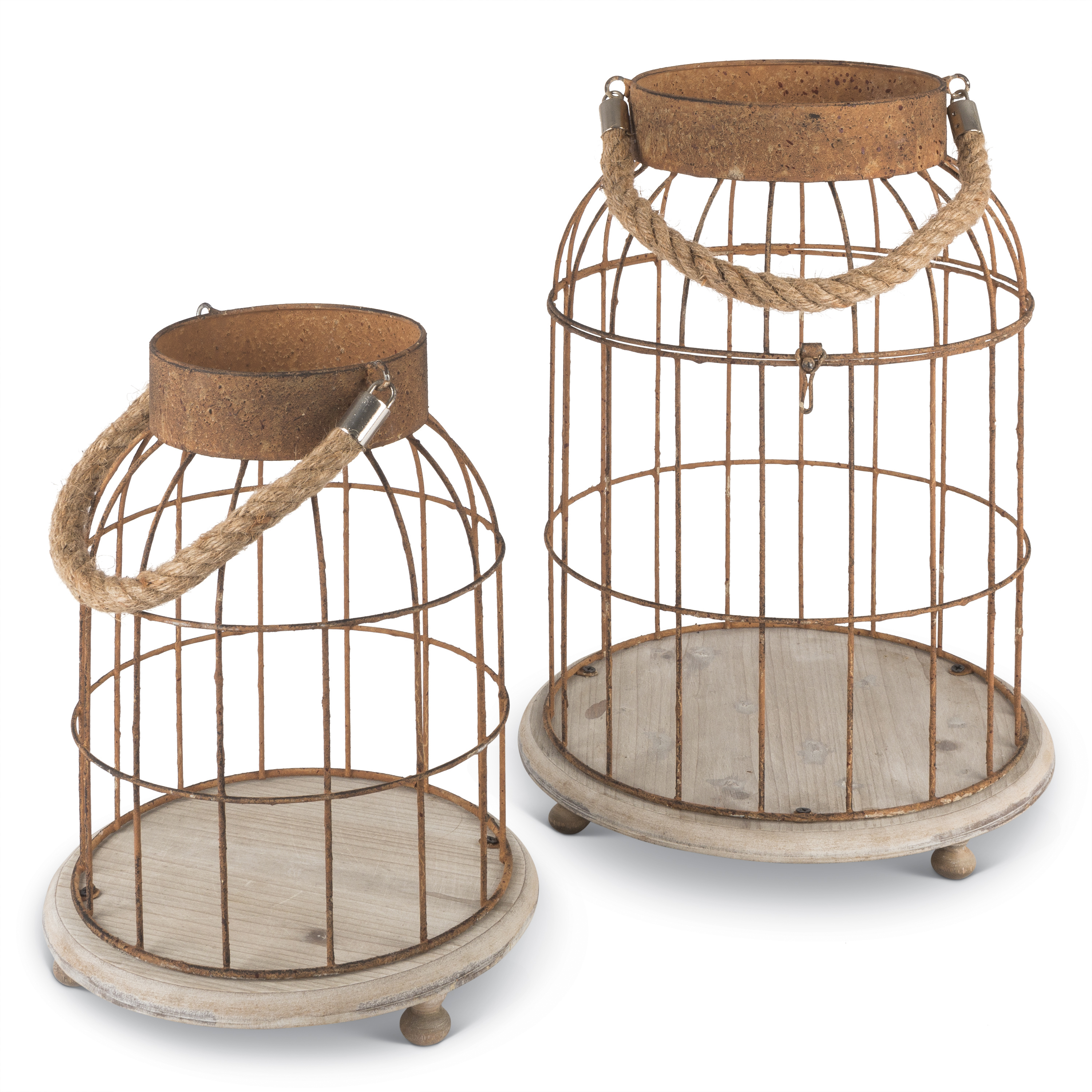 Assorted-Size, Rusted Wire, Open Top Metallic Bird Cages with 3 Metal ...