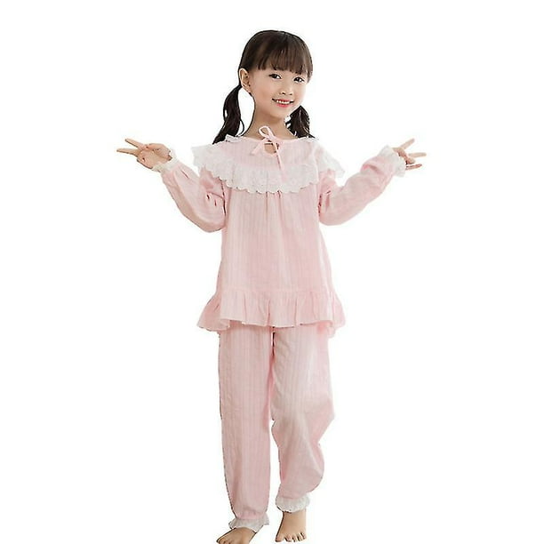 Childrens Solid Two Piece Pajamas Cotton Ruffled Nightgown Lace ...