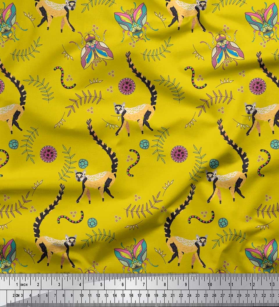 Soimoi Velvet Fabric Leaves,Housefly & Lemur Animal Print Fabric by ...