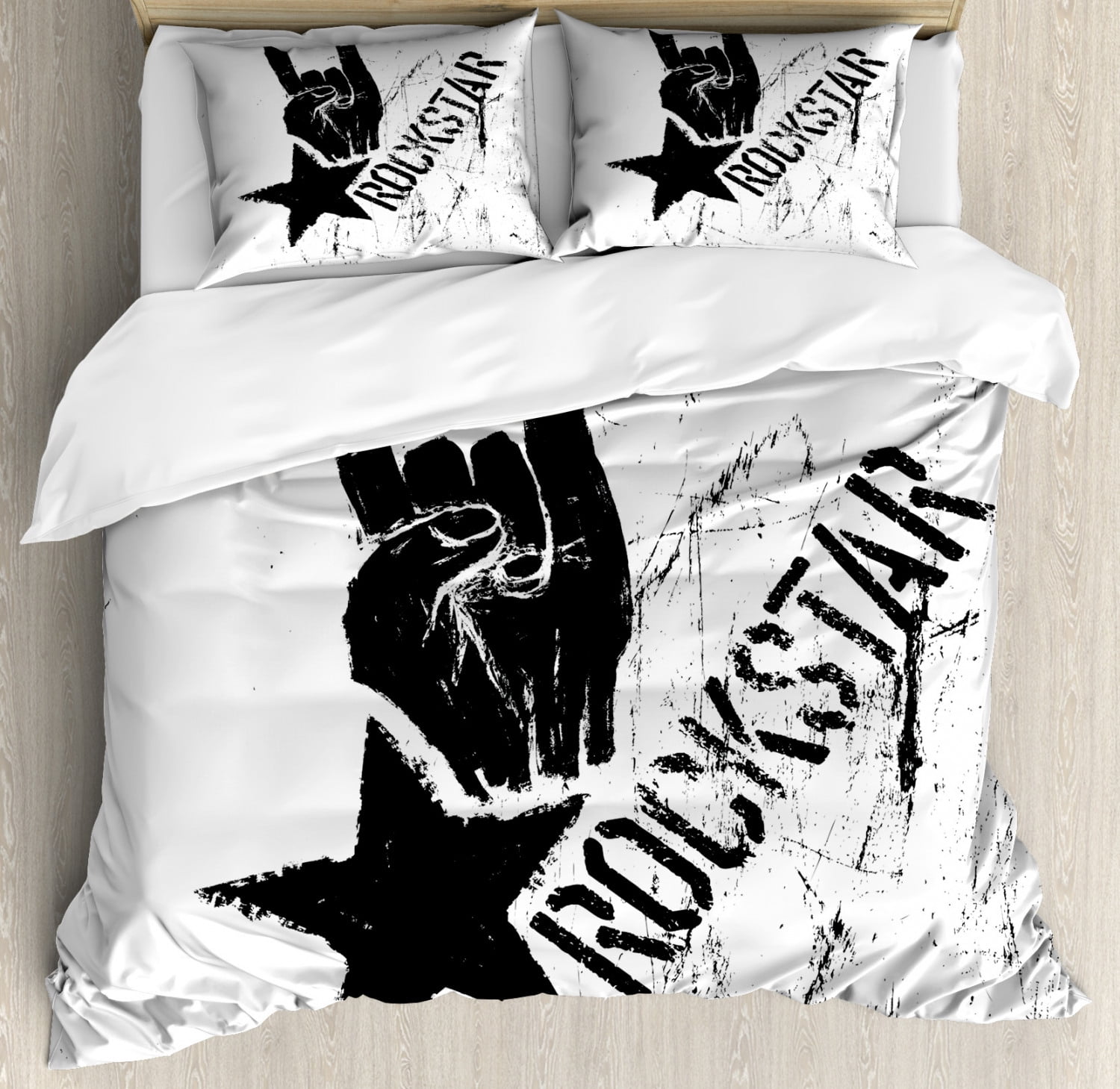 Rock Duvet Cover Set Queen Size, Grunge Effect Hand and Star ...
