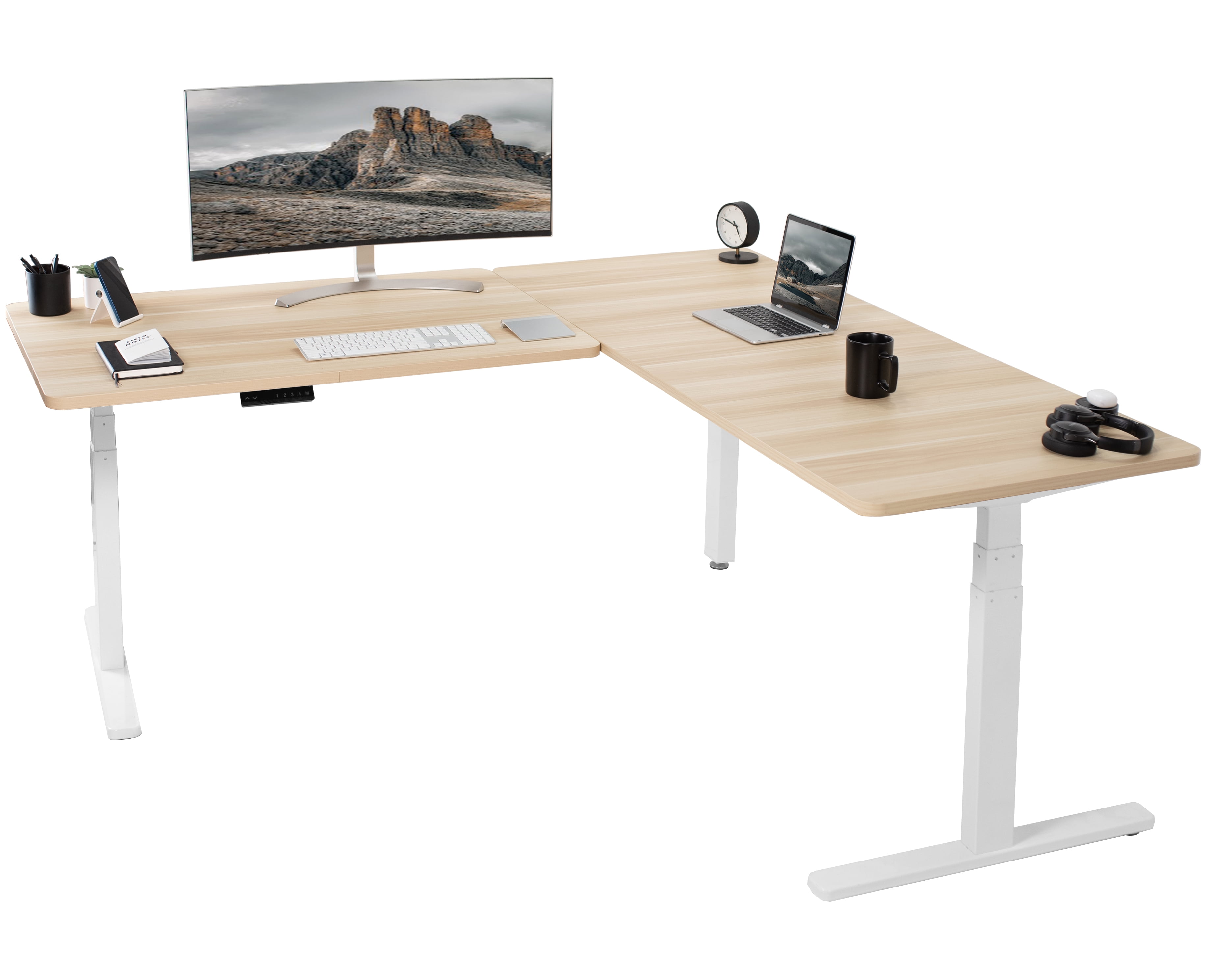VIVO Electric 77" x 71" Corner Stand Up Desk, Light Wood Table Tops ...