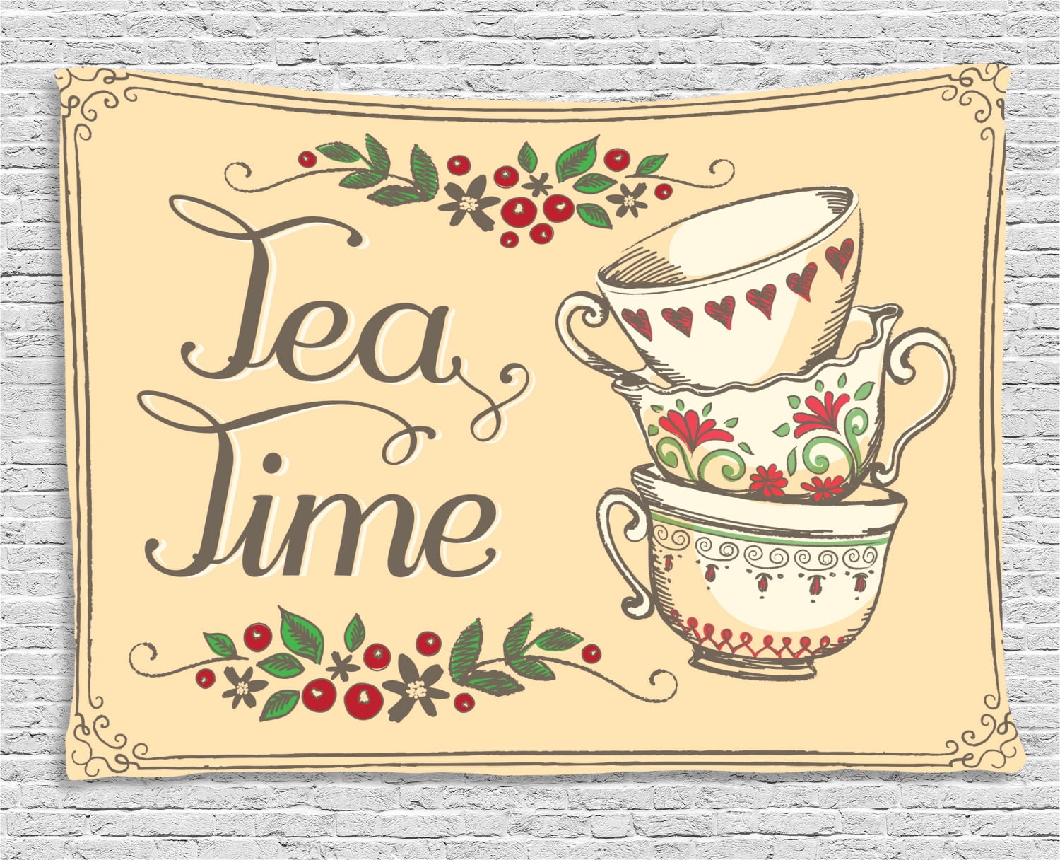 Tea Tapestry, Ornamental Coffee Tea Cups with Flowers Berries Swirl ...