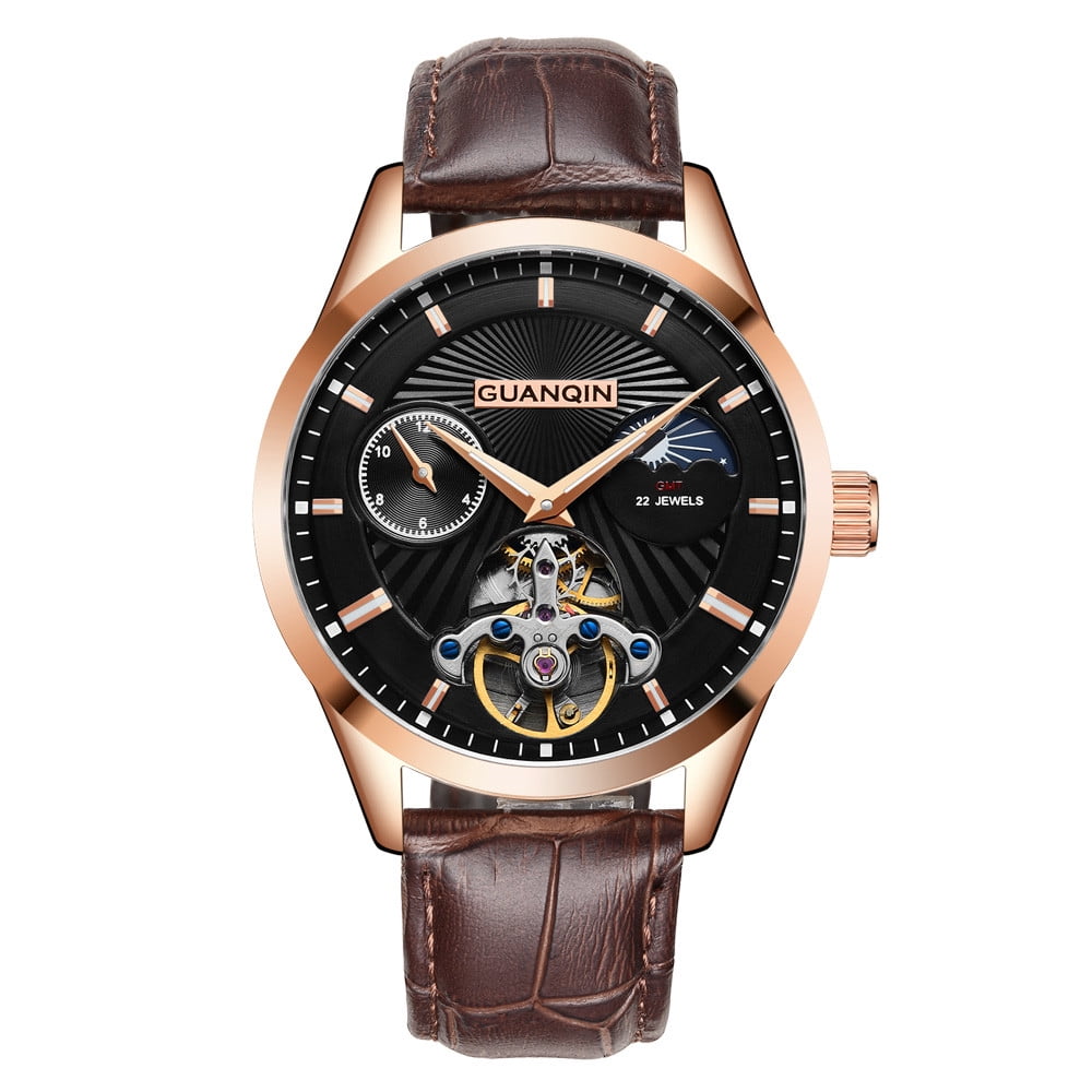 GUANQIN Men Moon Phase Skeleton GMT Luminous Analog Automatic Self ...