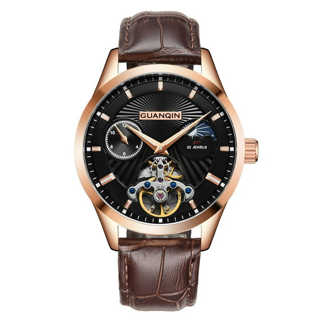 GUANQIN Men Moon Phase Skeleton GMT Luminous Analog Automatic Self ...