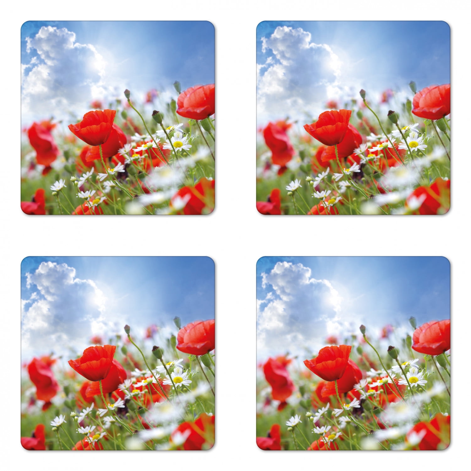 Country Coaster Set of 4, Idyllic Spring Meadow Poppy and Daisy Flowers ...