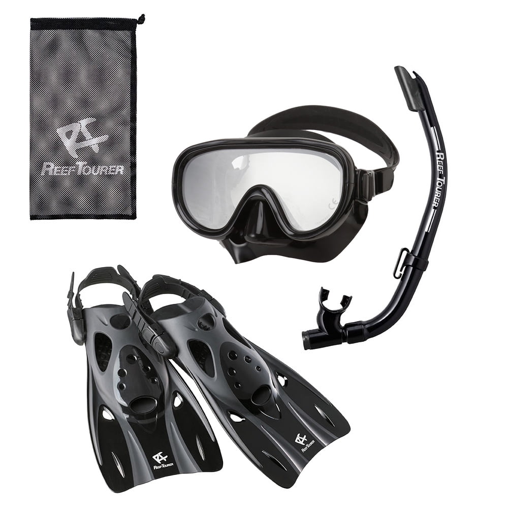 Reef Tourer Adult Single-Window Mask, Snorkel & Fin Traveling Set, Black, Medium - Walmart.com