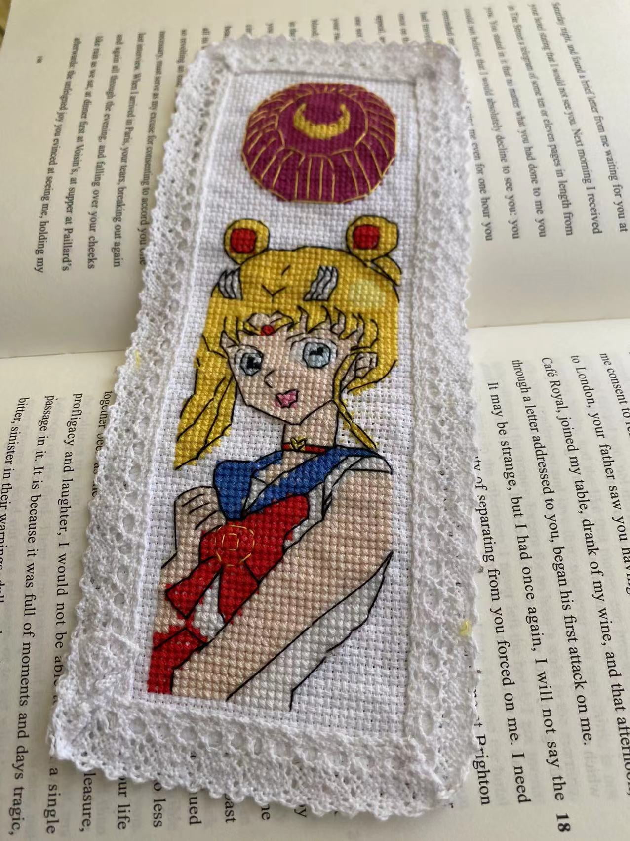 10pcs of Sailor Moon Cross Stitch Bookmarks, 14count aida Fabric lace ...