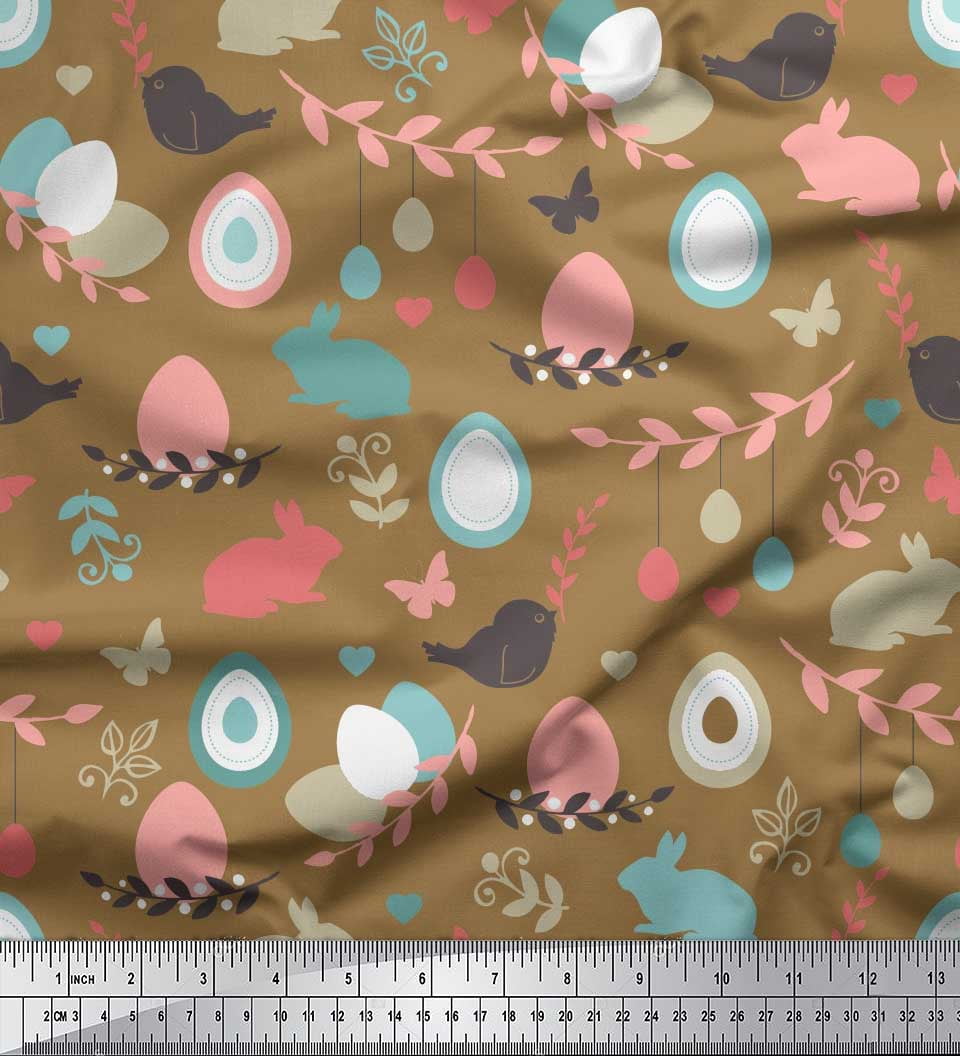 Soimoi Brown Japan Crepe Satin Fabric Bird,Rabbit & Egg Easter Print ...