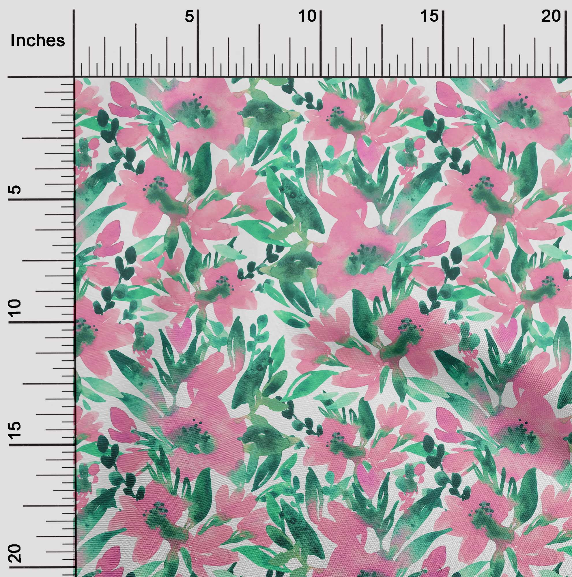 oneOone Cotton Poplin Rose Pink Fabric Leaves & Floral Watercolor ...