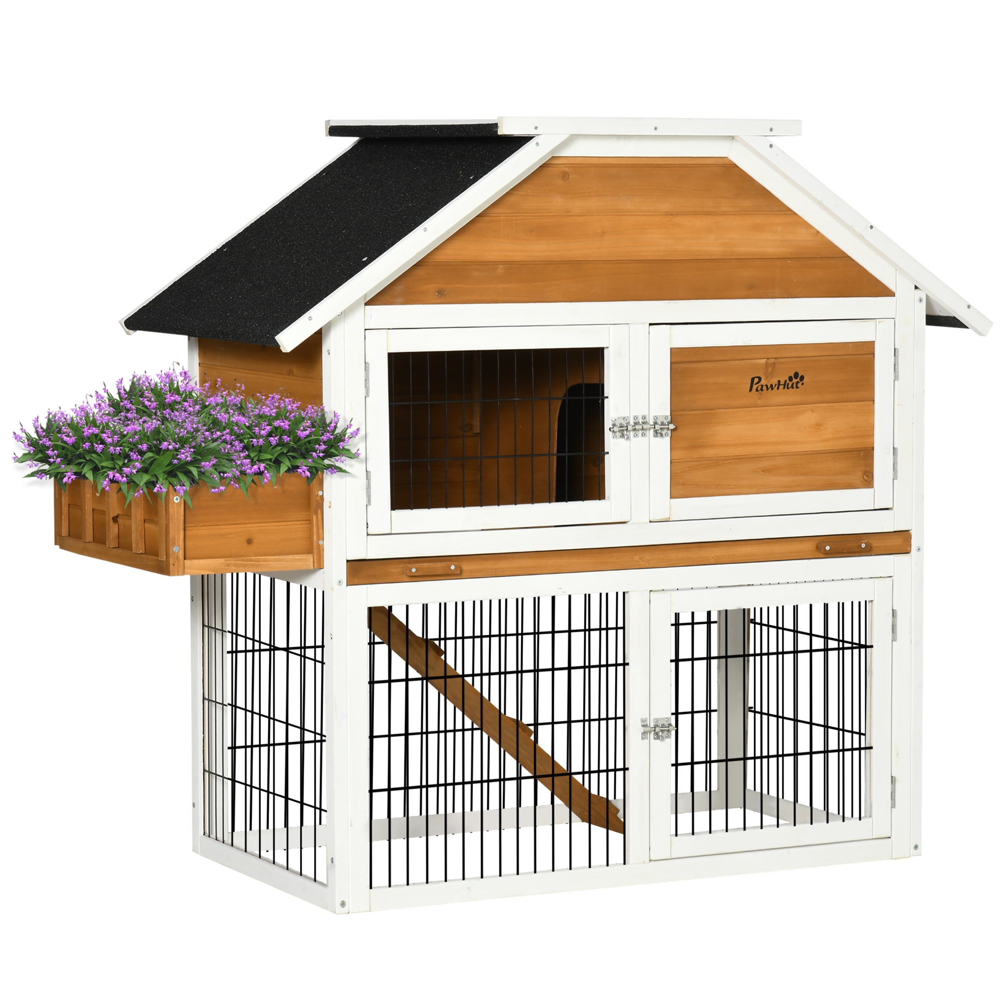 PawHut Rabbit Hutch Outdoor for 2 Rabbits, Wooden Rabbit Cage with ...