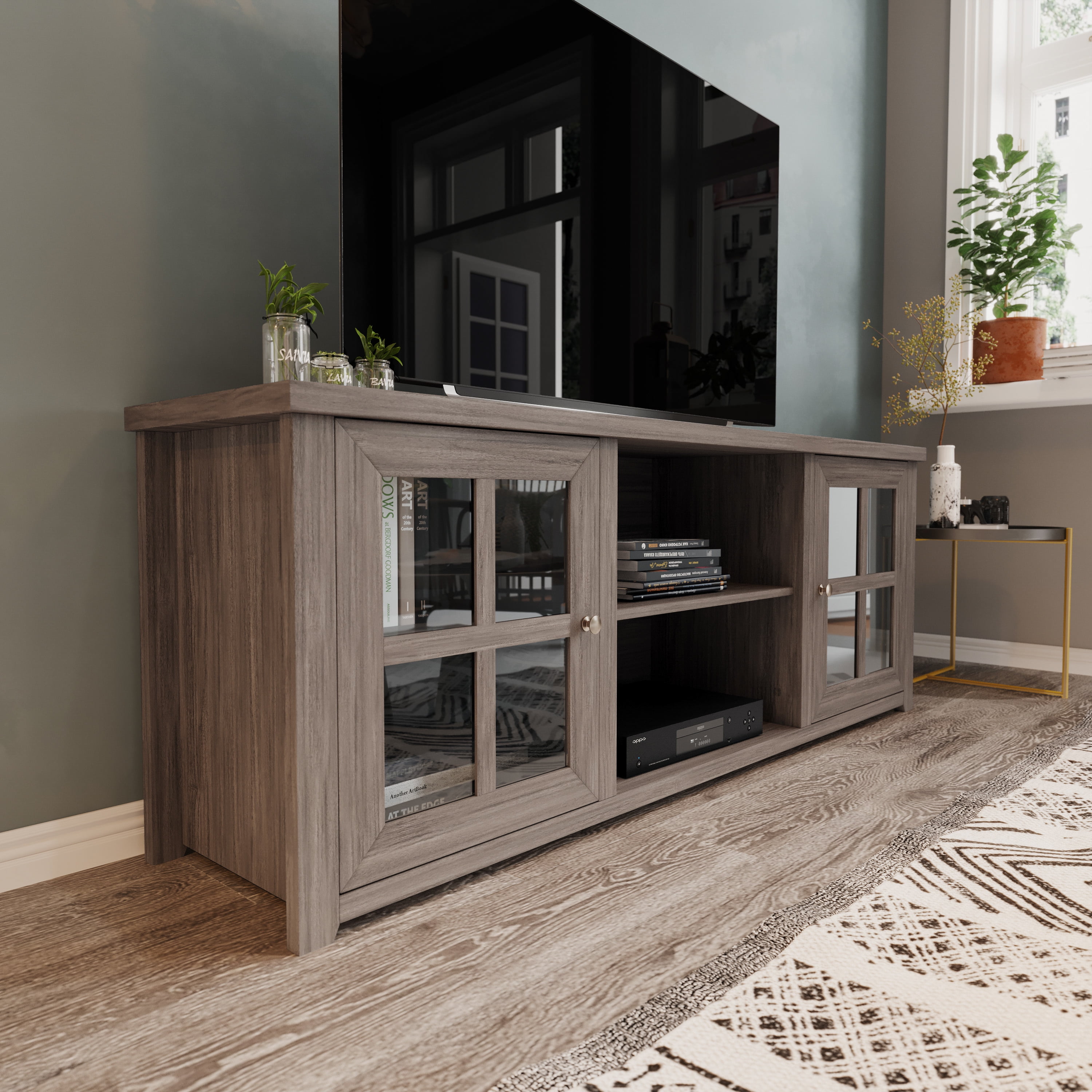 BizChair Classic Four Pane Glass Door TV Stand up to 80" TVs - Gray ...