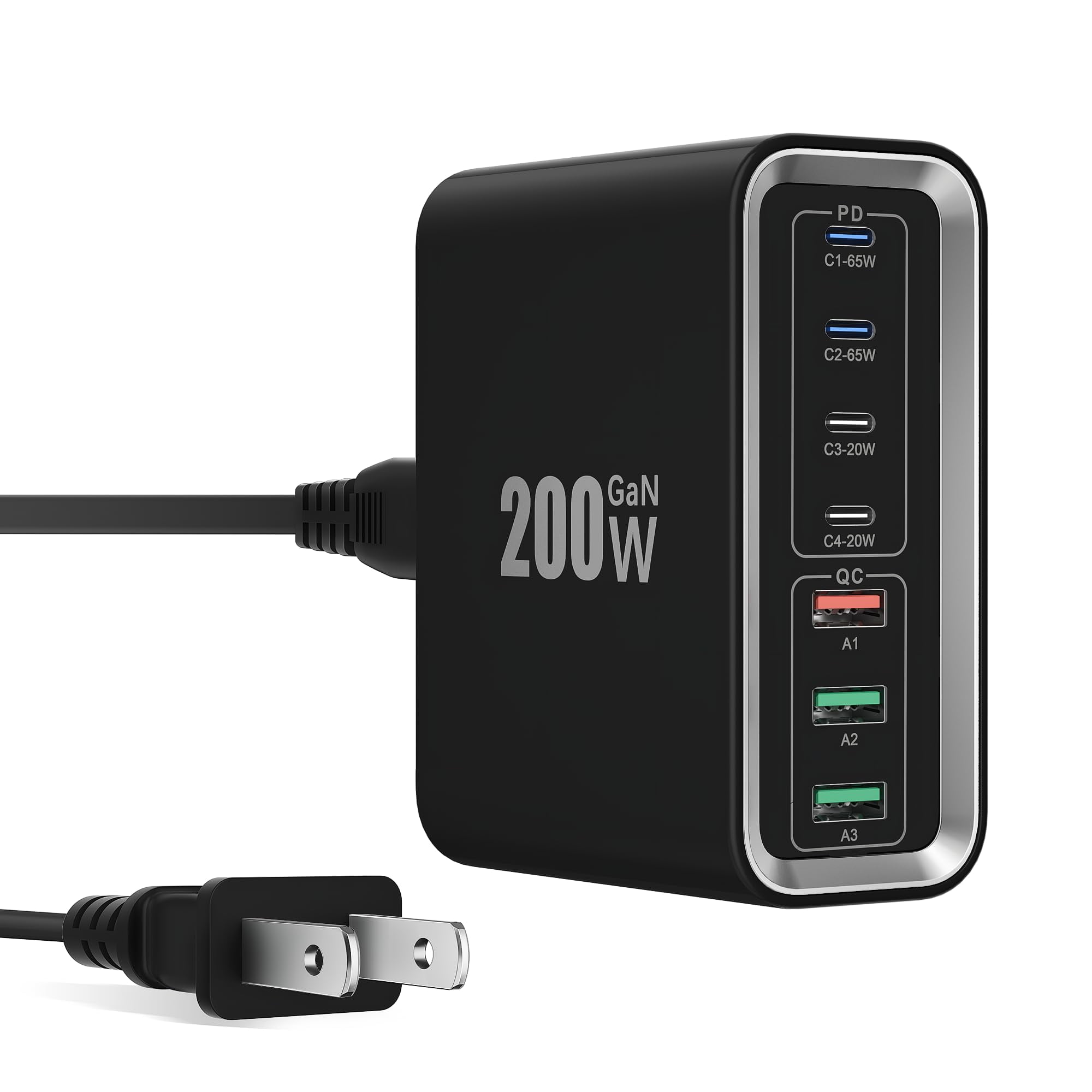 Bloque de cargador USB C KOUEMGI de 200 W y 7 puertos de carga rápida GaN | Walmart en línea