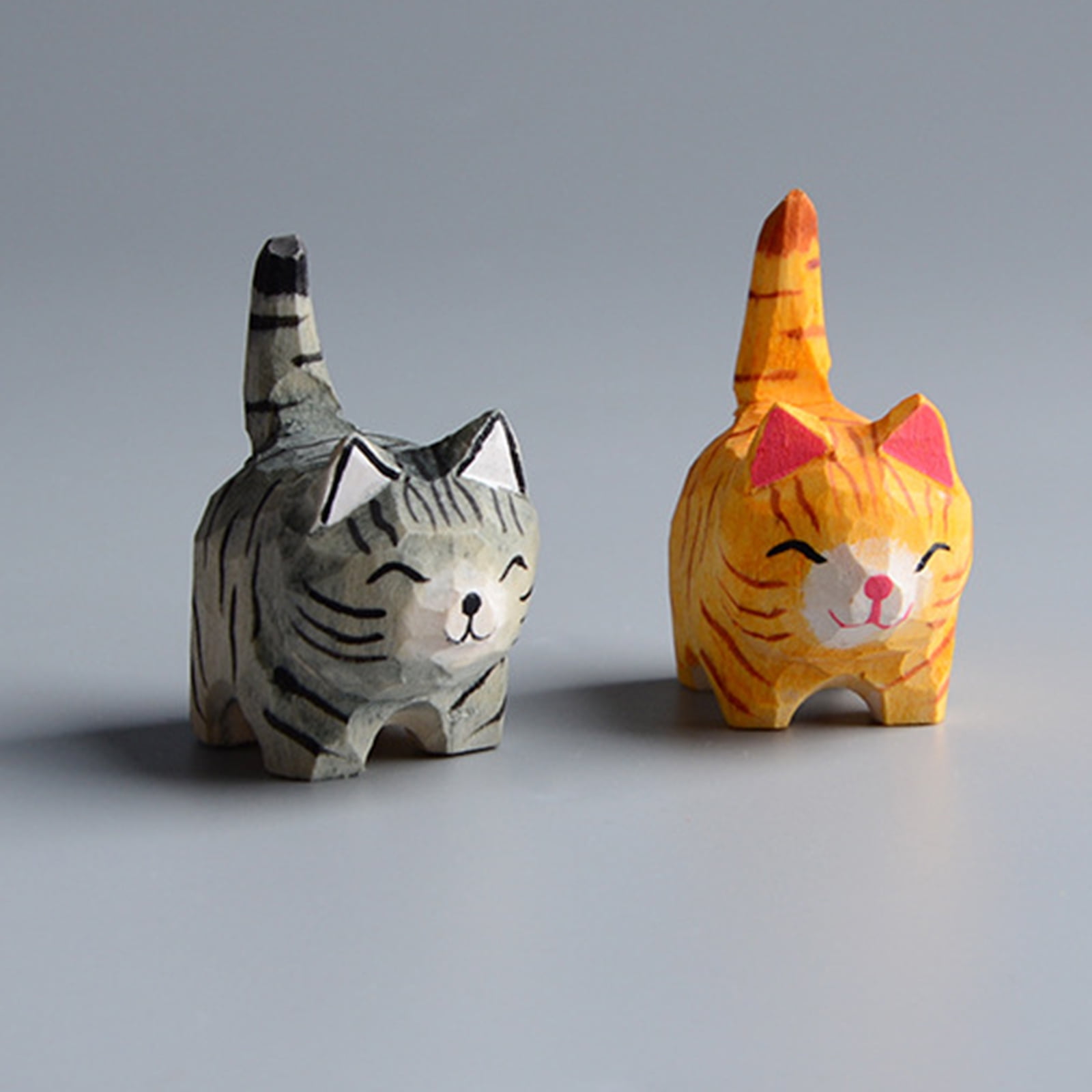 2PCS Hand Carved Wooden Cat Figurine Statue Cat Gifts Wooden Cat Statue ...