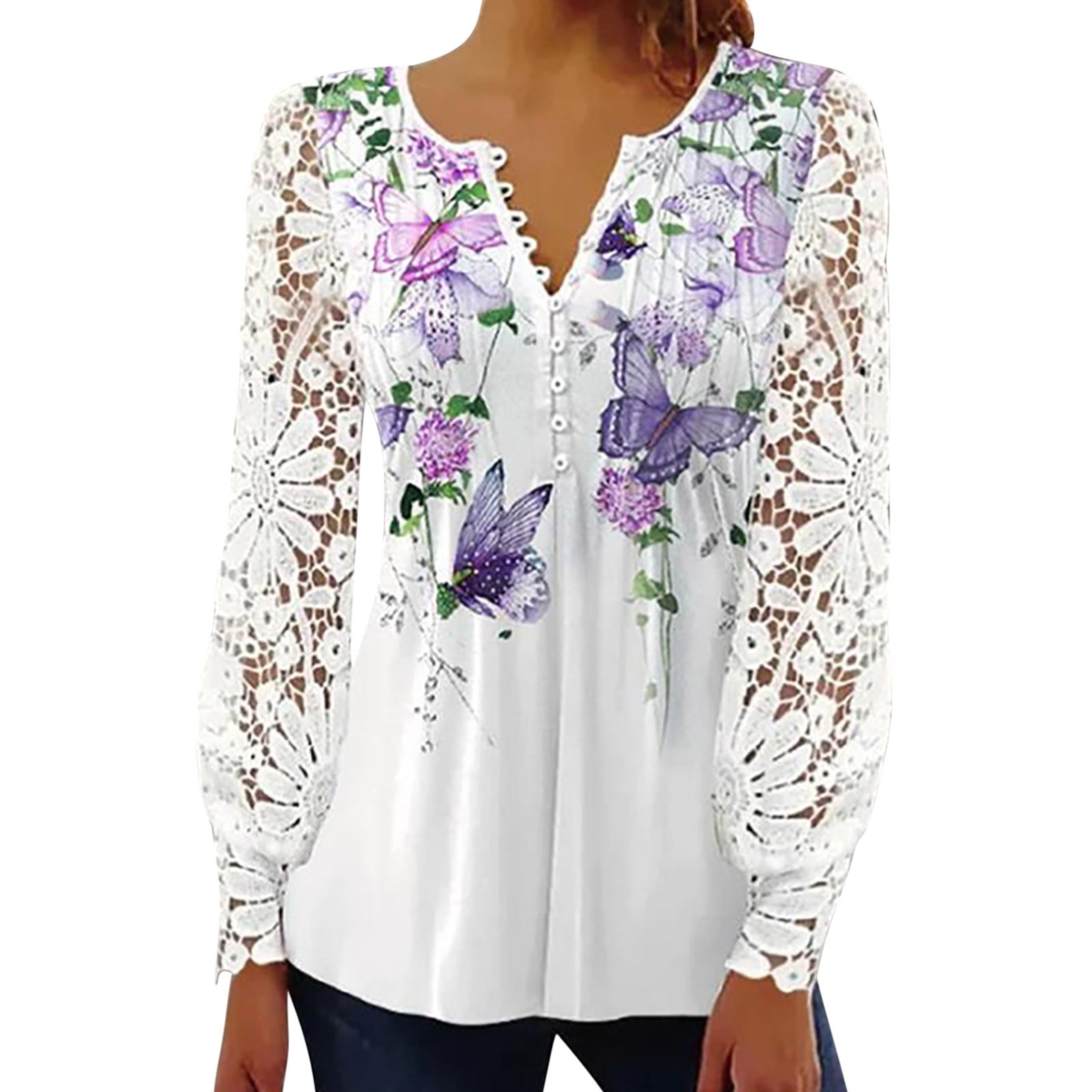 ZQGJB Women's Summer V Neck Lace Crochet Eyelet Tops Long Sleeve Casual Button Henley Shirts ...