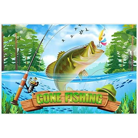YOITEA 68" X 45" Gone Fishing Backdrop Happy Birthday Retirement ...