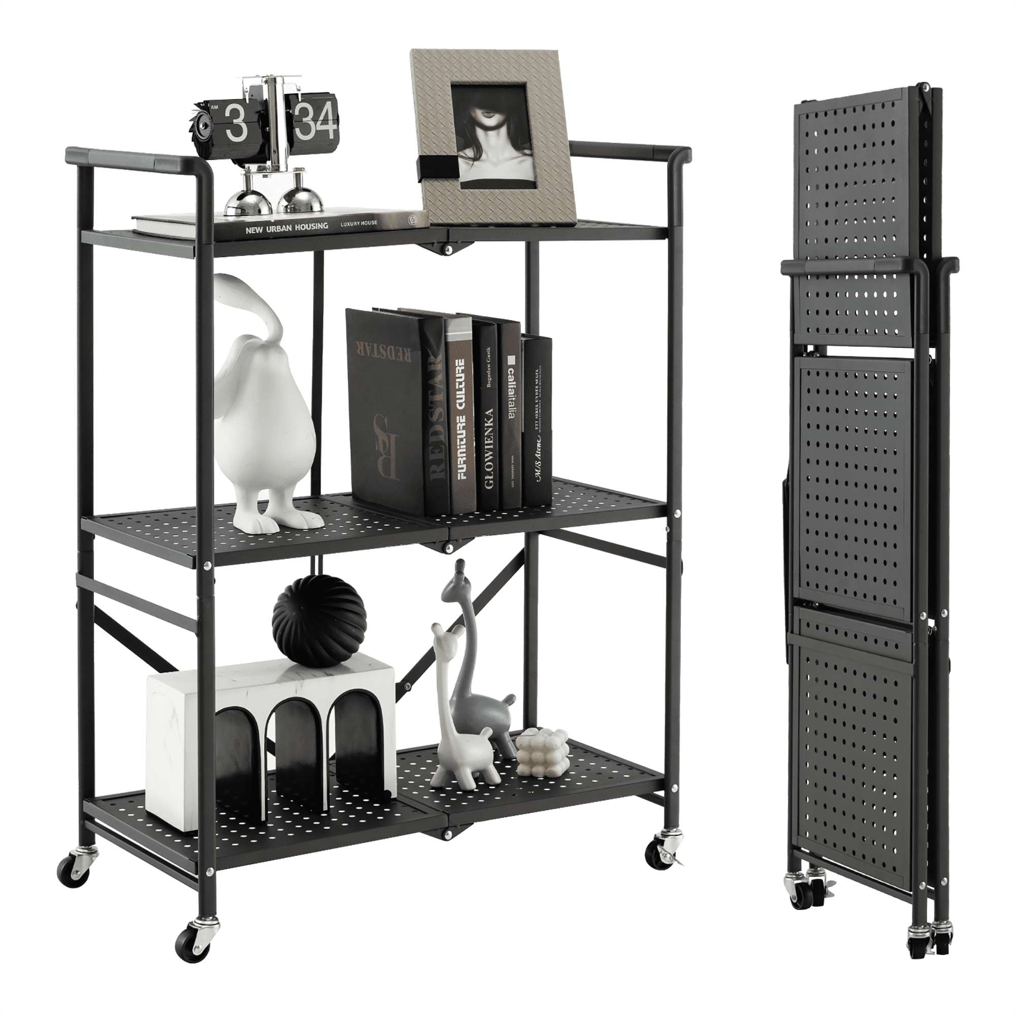 Gymax 3-Tier Foldable Kitchen Cart Mobile Metal Organizer Rack Garage ...