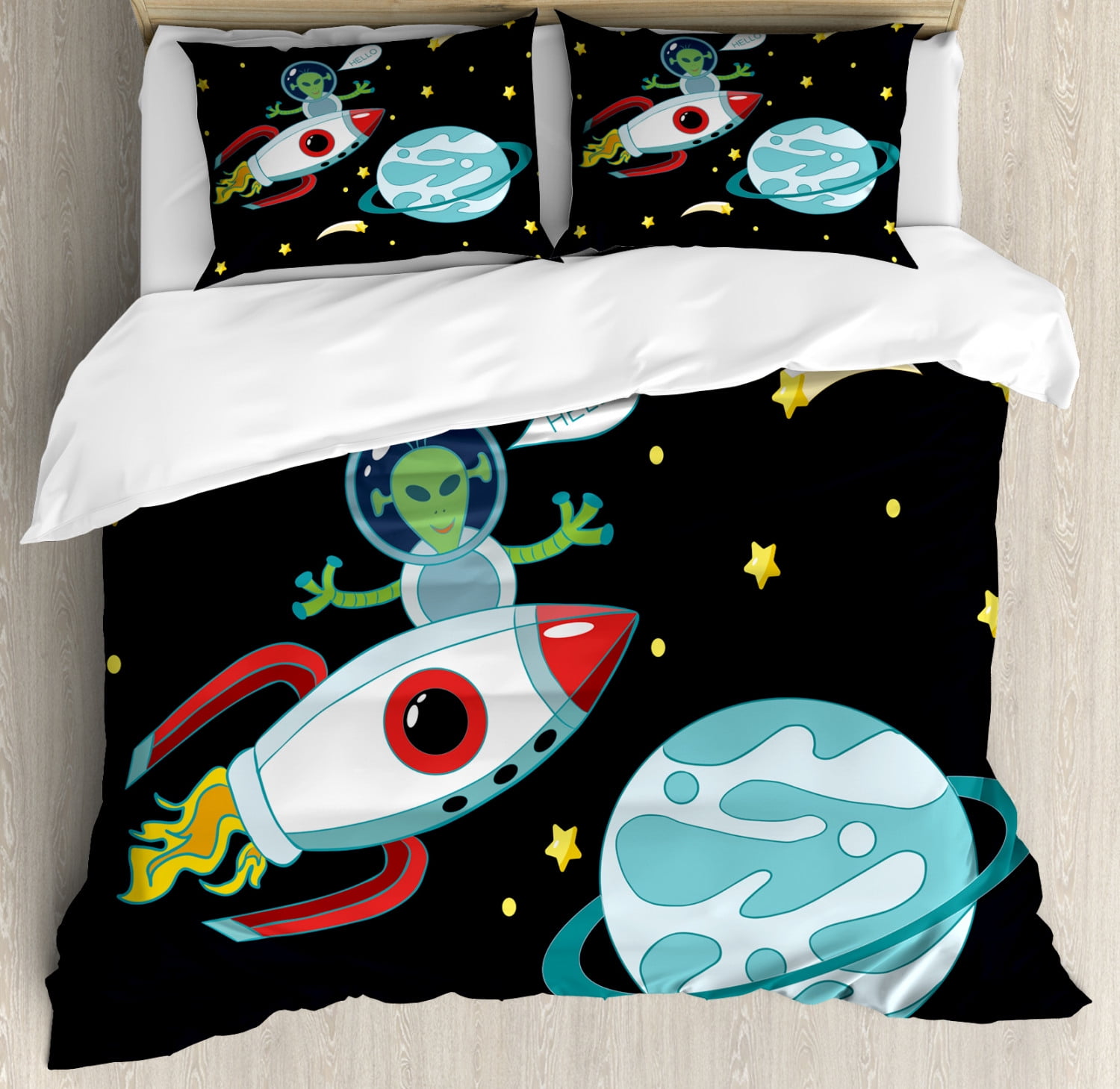 Alien Duvet Cover Set Queen Size, Extraterrestrial Being with Hello ...